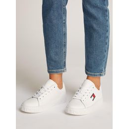 Tommy Jeans Damen Plateausneaker "TJW LOGO OUTSOLE SNEAKER ESS", Gr. 35, wei&szlig;, Leder, Lederimitat, Schuhe, Freizeitschuh, Halbschuh, Schn&uuml;rschuh mit