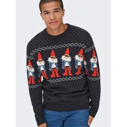 Only & Sons ONLY & SONS Herren Rundhalspullover "ONSX-MAX REG CREW KNIT", blau, Gr. L, bedruckt, Strick, Obermaterial: 100% Baumwolle, Pullover