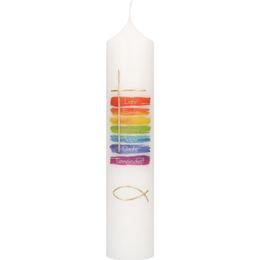 Symbolkerze 250x60 mm Druck- und Wachsmotiv - Regenbogenfarben - Kreuz und Fisch...