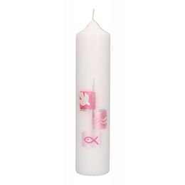 Taufkerze mit Wachsmotiv Taube mit Kreuz in Silber, Fisch und Wellen in Rosa (1 ...