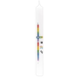 Taufkerze mit Wachsmotiv Kreuz in Regenbogenfarben mit H&auml;ndchen und F&uuml;&szlig;chen (1 S...