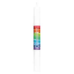 Symbolkerze 400x40 mm Wachsmotiv - Regenbogenfarben mit Fisch und Kreuz in Silbe...