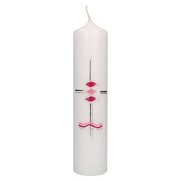 Taufkerze mit aufgelegtem Wachsmotiv f&uuml;r M&auml;dchen - rosa Fische und Kreuz in Silb...