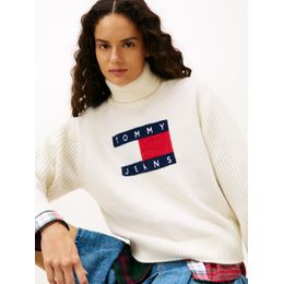 Tommy Jeans Damen Rollkragenpullover "TJW TURTLENECK FLAG SWEATER EXT", wei&szlig;, Gr. S, gemustert, Strick, Obermaterial: 53% Polyester, 38% Nylon, 9%