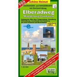 Radwander- und Wanderkarte mit Zick-Zack-Faltung Elberadweg, Magdeburg-Cuxhaven