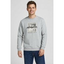 Jack & Jones Kapuzensweatshirt JACK & JONES "JCOFLARE FRONT PRINT SWEAT CREW NECK", Herren, Gr. L, light grau melange, angeraute Sweatware, Obermaterial: 70% Baumwolle, 30% Polyester, meliert, relaxed fit, Rundhals, Rippb&uuml;ndchen, Sweatshirts Kapuzensweatshirt