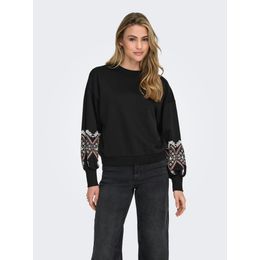 Sweatshirt Only "ONLBROOKE L/S O-NECK FLOWER SWT", Damen, Gr. XS, schwarz detail:ethnic, Sweatware, Obermaterial: 60% Baumwolle, 40% Polyester, regular fit normal, Rundhals, Rippb&uuml;ndchen, Sweatshirts Sweatshirt, Baumwollmischung, regular fit