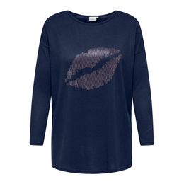Longshirt Only CARMAKOMA "CARALBA LS LONG TOP JRS", Damen, Gr. L, naval academy detail:lips, Jersey, Obermaterial: 95% Polyester, 5% Elasthan, bedruckt, loose fit Po-bedeckend, Rundhals, Shirts Longshirt, mit Glitzernieten