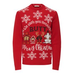 Only & Sons ONLY & SONS Herren Rundhalspullover "ONSX-MAX SNOW REG CREW KNIT", rot, Gr. L, gemustert, Strick, Obermaterial: 100% Baumwolle, Pullover