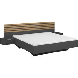 Bettanlage Rauch "Doppelbett Futonbett LAMELLA in schwebender Optik", graumetallic, eiche artisan, B:245cm H:91cm T:205cm, Holzwerkstoff, Schlafzimmerm&ouml;bel-Sets, Bettanlage, mit eleganter Lamellenabsetzung und 2 H&auml;ngenachttische MADE IN GERMANY