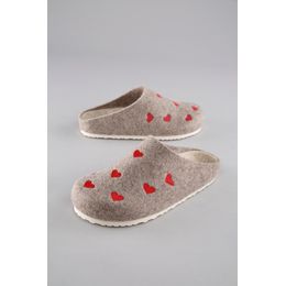 ANISTON SHOES Damen Clog, Gr. 37, beige, Textil, Schuhe, Hausschuh, Homeslipper mit Herzchen-Stickerei