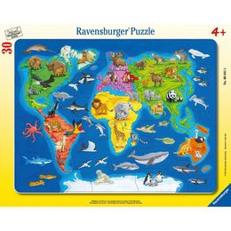 RAVENSBURGER VERLAG Weltkarte mit Tieren. Rahmenpuzzle 30 Teile