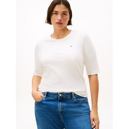 Kurzarmshirt Tommy Hilfiger Curve "CRV SLIM 5X2 RIB C-NK 1/2 SLV", Damen, Gr. 50, beige (ivory silk), Single Jersey, Obermaterial: 95% Viskose, 5% Elasthan, unifarben, slim fit, Rundhals, Shirts, in gro&szlig;en Gr&ouml;&szlig;en, in gerippter Struktur