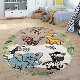 Kinderteppich Paco Home "Diamond 644" Gr. 9, beige, B:120cm H:18mm L:120cm &Oslash;:120cm, Kunstfaser, Teppiche, Kinderteppich, Kurzflor, 3D-Design, Motiv Dschungel Tiere, Kinderzimmer