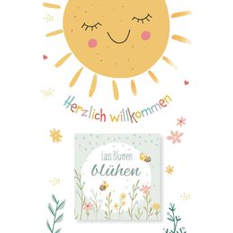 Gl&uuml;ckwunschkarte zur Willkommensfeier mit Blumensamen-T&uuml;tchen - Herzlich willkom...