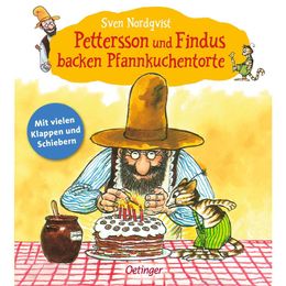 Oetinger Pettersson und Findus backen Pfannkuchentorte