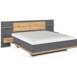 Bettanlage Rauch "Bett Doppelbett Komfortbett Funktionsbett BOSTON-EXTRA", graumetallic, eiche artisan, B:265cm H:107cm T:207cm, Holzwerkstoff, Schlafzimmerm&ouml;bel-Sets, Bettanlage, Mit warmer Kopfteil-Beleuchtung, 2x H&auml;nge-Nachttische MADE IN GERMANY