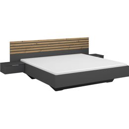 Bettanlage Rauch "Doppelbett Futonbett LAMELLA in schwebender Optik", graumetallic, eiche artisan, B:265cm H:91cm T:205cm, Holzwerkstoff, Schlafzimmerm&ouml;bel-Sets, Bettanlage, mit eleganter Lamellenabsetzung und 2 H&auml;ngenachttische MADE IN GERMANY