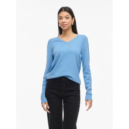 V-Ausschnitt-Pullover Vila "VIRIL V-NECK L/S KNIT TOP - NOOS", Damen, Gr. L, blau (all aboard detail:schwarz melange), Feinstrick, Obermaterial: 50% Viskose, 27% Nylon, 23% Polyester, meliert, regular fit normal, V-Ausschnitt, Pullover, Materialmix, regular fit