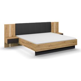 Bettanlage Rauch "Bett Doppelbett Komfortbett Funktionsbett APOLLON", eiche artisan, schwarz oak, B:265cm H:100cm T:209cm, Holzwerkstoff, Schlafzimmerm&ouml;bel-Sets, Bettanlage, Polster-Kopfteil in Lederoptik black, mit Beleuchtung MADE IN GERMANY