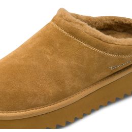 Tamaris Damen Hausschuh, Gr. 40camel, Veloursleder, unifarben, Schuhe, Clogs, Bequemschuh mit Fellimitat-Kragen