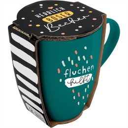 Tasse mit Motivdruck "fluchen hilft", mit Banderole