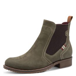 Tamaris Damen Chelseaboots, Gr. 39olivgr&uuml;n, Leder, Schuhe, Blockabsatz, Stiefelette mit Kontrastn&auml;hten und Kontrastdetails
