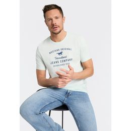 Rundhalsshirt Mustang "Alex Logoprint uni", Damen, Gr. L, skylight, Jersey, Obermaterial: 100% Baumwolle, bedruckt, normal h&uuml;ftbedeckend, Rundhals, Shirts Rundhalsshirt, mit Logoprint auf der Brust