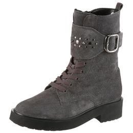 Winterstiefelette Gabor, Damen, Gr. 44, dunkelgrau, Veloursleder, unifarben, Schuhe Winterstiefelette, Blockabsatz, Schn&uuml;rboots, Schn&uuml;rstiefelette mit Nieten
