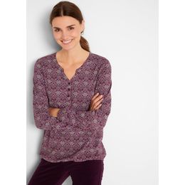 Tunikashirt bonprix, Damen, Gr. 44/46 (L), lila (beere), Jersey, Obermaterial: 50% Baumwolle, 50% Viskose, bedruckt, loose fit Po-bedeckend, V-Ausschnitt, Shirts, Loose Fit Passform, Langarm-Design, aus Baumwolle und Viskose