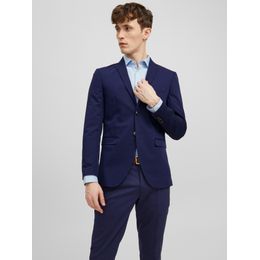 Jack & Jones Sakko JACK & JONES "JPRFRANCO Blazer mit 2-Knopf-Form und extra schmalem Schnitt", Herren, Gr. 48, blau (medieval blau), Web, Obermaterial: 78% Polyester, 17% Viskose, 5% Elasthan, meliert, slim fit, 1-Knopf-Manschette, Sakkos Sakko, unifarben, modisch, slim fit, Kunstfaser