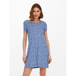Only Damen Minikleid "ONLBERA BACK LACE UP S/S DRESS JRS NOOS", blau, Gr. M, gebl&uuml;mt, Jersey, Obermaterial: 95% Viskose, 5% Elasthan, Kleider,