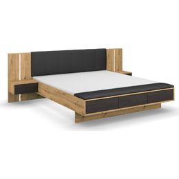 Bettanlage Rauch "Bett Doppelbett Komfortbett Funktionsbett APOLLON", eiche artisan, schwarz oak, B:265cm H:100cm T:243cm, Holzwerkstoff, Schlafzimmerm&ouml;bel-Sets, Bettanlage, Polster-Kopfteil in Lederoptik black, mit Beleuchtung MADE IN GERMANY