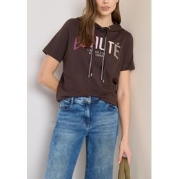 Cecil Damen Kurzarmshirt, braun, Gr. XS, bedruckt, Jersey, Obermaterial: 48% Baumwolle, 48% Modal, 4% Elasthan, Shirts, mit Letter-Print