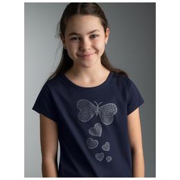 TRIGEMA M&auml;dchen T-Shirt "TRIGEMA T Shirt mit Strass Motiv "Schmetterling"", blau, Gr. 152, Single Jersey, 100% Baumwolle, Shirts