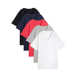 bonprix Damen Longshirt "Weites Long-Shirt mit V-Ausschnitt, Kurzarm (5er Pack)", bunt, Gr. 56, mehrfarbig, unifarben, Jersey, Obermaterial: 90%