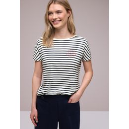 Rundhalsshirt Street One, Damen, Gr. 42, shadowed navy, Jersey, Obermaterial: 50% Baumwolle, 50% Modal, bedruckt, gestreift, normal h&uuml;ftbedeckend, Rundhals, abgesteppte Kante, Shirts Rundhalsshirt, Sommershirt mit Streifen, Topseller