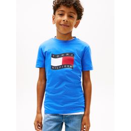 T-Shirt Tommy Hilfiger "WAVY FLAG T-SHIRT", M&auml;dchen, Gr. 16 (176), empire blau, Single Jersey, Obermaterial: 100% Baumwolle, bedruckt, unifarben, regular fit normal, Rundhals, Shirts T-Shirt, Kinder bis 16 Jahre, regular fit