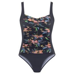 Lascana Damen Badeanzug "Malia", grau, Gr. 36, bedruckt, floral, Microfaser, Polyamid, Badeanz&uuml;ge, mit tropischem Print und Shaping-Effekt