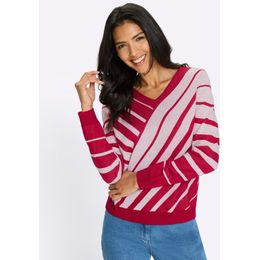 Classic Basics Damen V-Ausschnitt-Pullover "Langarm-Pullover", rot, Gr. 44, gemustert, gestreift, mehrfarbig, 100% Polyacryl, Pullover