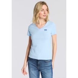 HUGO BLUE Damen T-Shirt "Classic V"open blau 477, Gr. L, unifarben, Single Jersey, Obermaterial: 100% Baumwolle, Shirts, mit Logo, V-Ausschnitt