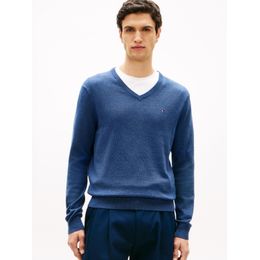 Strickpullover Tommy Hilfiger "ESSENTIAL COTTON V NECK mit V-Ausschnitt und Stickerei", Herren, Gr. S, gr&uuml;n (aegean sea heather), Strick, Obermaterial: 100% Baumwolle, meliert, V-Ausschnitt, Rippb&uuml;ndchen, Pullover Strickpullover, unifarben, casual, regular fit, Baumwolle, V-Ausschnitt