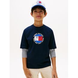 T-Shirt Tommy Hilfiger "FUN FLAG GRAPHIC", M&auml;dchen, Gr. 5 (110), schwarz night navy, Single Jersey, Obermaterial: 100% Baumwolle, bedruckt, unifarben, regular fit normal, Rundhals, Raglan&auml;rmel, Shirts T-Shirt, Kinder bis 16 Jahre, Druck