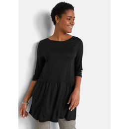 Longshirt bonprix, Damen, Gr. 44/46 (L), schwarz, Jersey, Obermaterial: 100% Viskose, unifarben, A-Linie ca. Mitte Oberschenkel, Rundhals, Shirts Longshirt, bequeme A-Linien-Passform mit angesetztem Volant, 3/4-&Auml;rmel