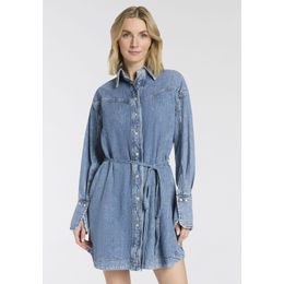 Hemdblusenkleid BOSS Orange "Shirtdress Premium Damenmode", Damen, Gr. L (40), N-Gr, medium blau 420, Denim/Jeans, Obermaterial: 100% Baumwolle, unifarben, tailliert knieumspielend, 1-Knopf-Manschette, Kleider Hemdblusenkleid, tailliert, Denim-Look