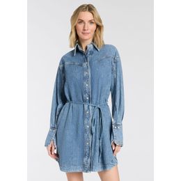 Hemdblusenkleid BOSS Orange "Shirtdress Premium Damenmode", Damen, Gr. S (36), N-Gr, medium blau 420, Denim/Jeans, Obermaterial: 100% Baumwolle, unifarben, tailliert knieumspielend, 1-Knopf-Manschette, Kleider Hemdblusenkleid, tailliert, Denim-Look