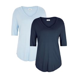 T-Shirt bonprix, Damen, Gr. 36/38 (S), hellblau, dunkelblau, Jersey, Obermaterial: 100% Viskose, unifarben, figurumspielend Po-bedeckend, V-Ausschnitt, Shirts T-Shirt, Figur umspielende Passform, Halbarm, V-Ausschnitt, aus Viskose