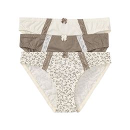 Slip bonprix "Slip mit Baumwolle (3er Pack)", Damen, Gr. 44/46 (L), 3 Stk., braun (creme bedruckt, taupe, creme), Obermaterial: 100% Baumwolle. Spitze: 90% Polyamid, 10% Elasthan, Unterhosen Slip, mit Spitzenborten, mit Zierschleife, aus Baumwolle, 3er Pack