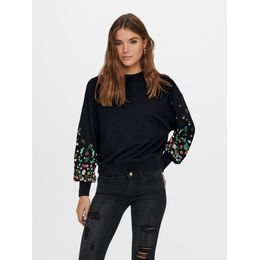 Sweatshirt Only "ONLBROOKE L/S O-NECK FLOWER SWT", Damen, Gr. M, schwarz (schwarz print:sleeve flower), Sweatware, Obermaterial: 60% Baumwolle, 40% Polyester, bedruckt, regular fit normal, Rundhals, Rippb&uuml;ndchen, Sweatshirts Sweatshirt, Baumwollmischung, regular fit