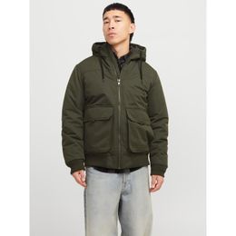 Jack & Jones Jack & Jones Herren Bomberjacke &raquo;JJCONSTRUCT BOMBER mit gl&auml;nzender Oberfl&auml;che&laquo; mit Kapuze gr&uuml;n M